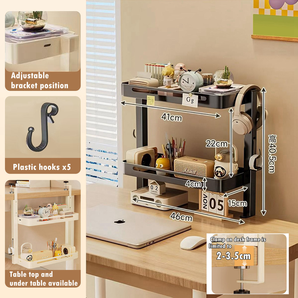 2 Layer Desktop Storage Rack Clamp-On Organizer Shelf Office Table ...