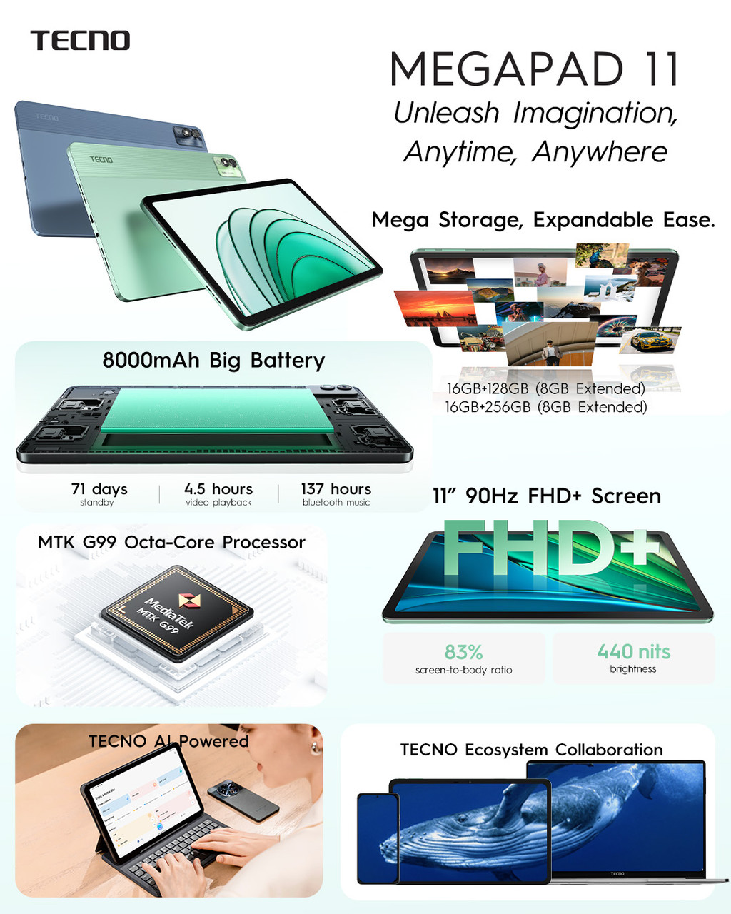 TECNO MEGAPAD 11 Wifi + LTE (16GB*RAM +128GB/256GB ROM) 8000 mAh Big Battery / Mediatek G99 ...