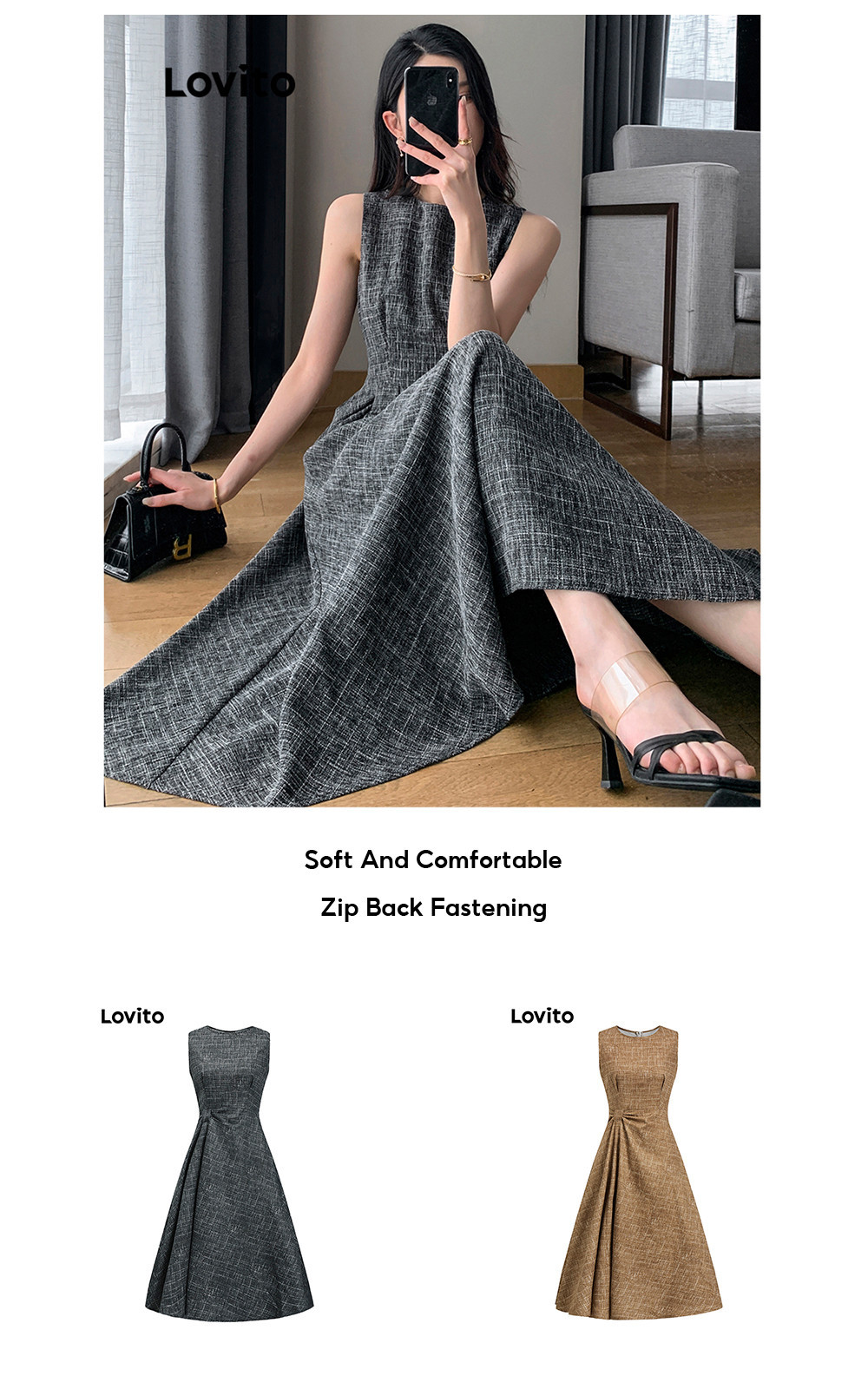 Lovito Elegant Plaid Pleated Dress for Women L91ED509 Lovito Gaun Lipit Kotak-kotak Elegan untuk ...