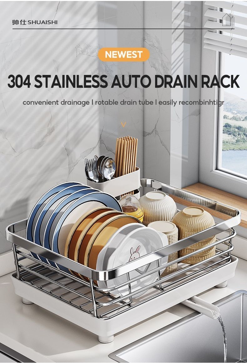 304 Stainless Steel Rak Pinggan Sinki Auto Drainage Kitchen Dish ...