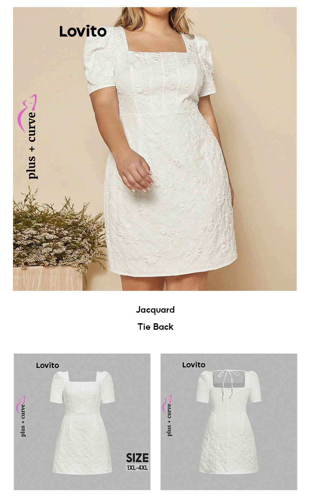 Lovito Elegant Plain Jacquard Tie Back Fabric Stitching Plus Size Dress ...