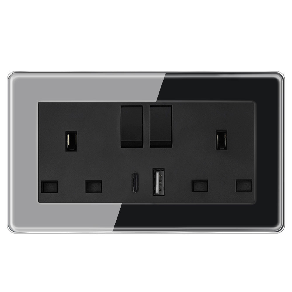 VISWE wall socket 3 pin socket 13a socket 250V double socket usb c socket,146*86mm Electroplated ...