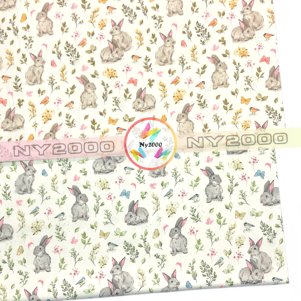Kain Comb Cotton Corak Arnab & Daun (Bidang 60”) / Rabbit Bunny Leaf ...