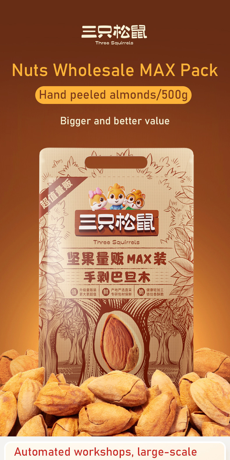 【Halal】Three Squirrels Hand Peeled Almonds Nuts 三只松鼠量贩手剥巴旦木 源采美国大果 非油炸 含盐 (500g) | Shopee Malaysia