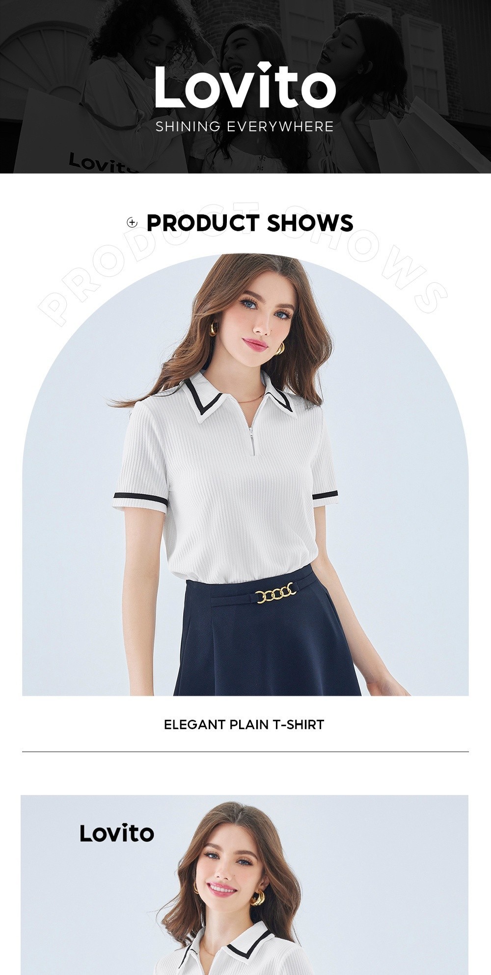 Lovito Elegant Plain Contrast Binding Collar Short Sleeves T-Shirts for ...