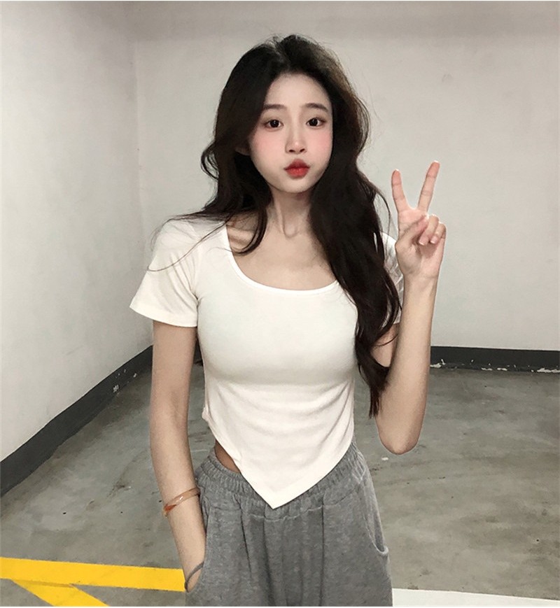 【WJZ】Women's Korean style fashion irregular design solid color square neck short sleeve cropped ...