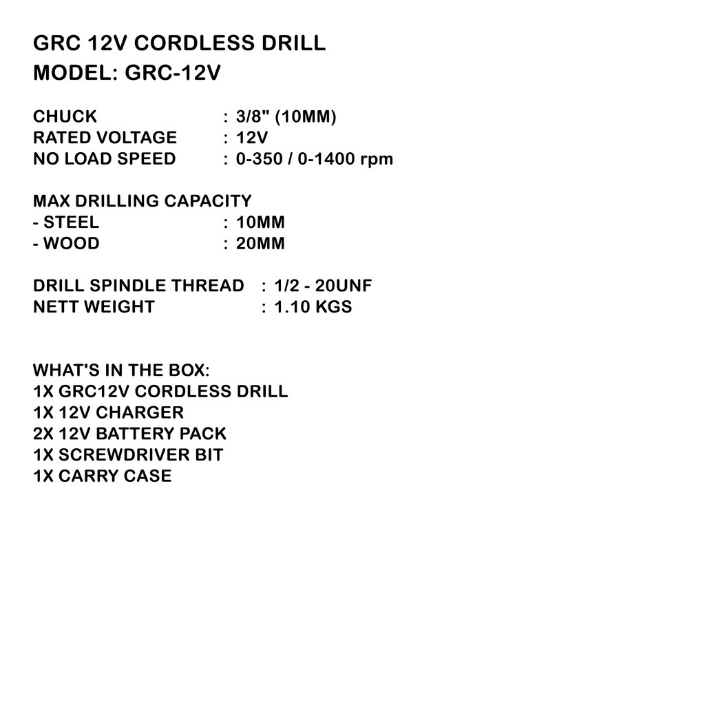 GRC-12V 12V CORDLESS DRILL C/W 1X CHARGER AND 2X LI-ON BATTERY PACK ...
