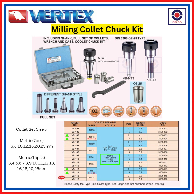 VERTEX TAIWAN MILLING CHUCK COLLET KIT OZ-25 sets | Shopee Malaysia