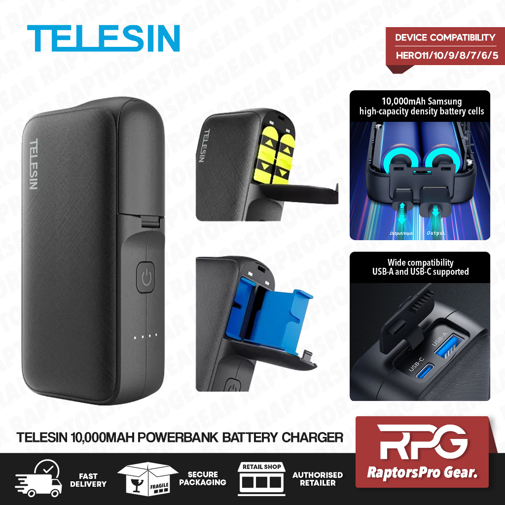 TELESIN 10,000mAh Powerbank Battery Charger (GoPro HERO 5/6/7/8/9/10/11 ...