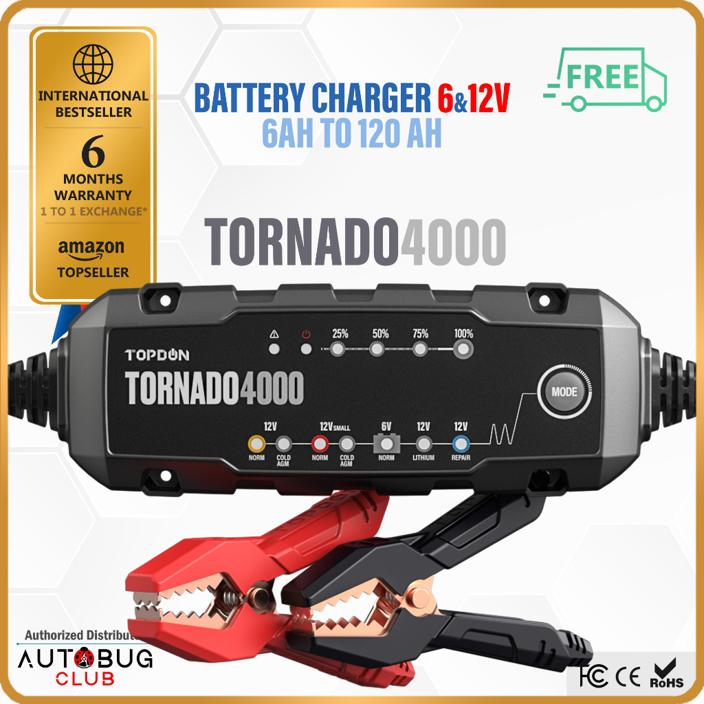 TOPDON Tornado 4000 Vehicle Car Battery Charger (6V & 12V) (6 Ah to 120 ...