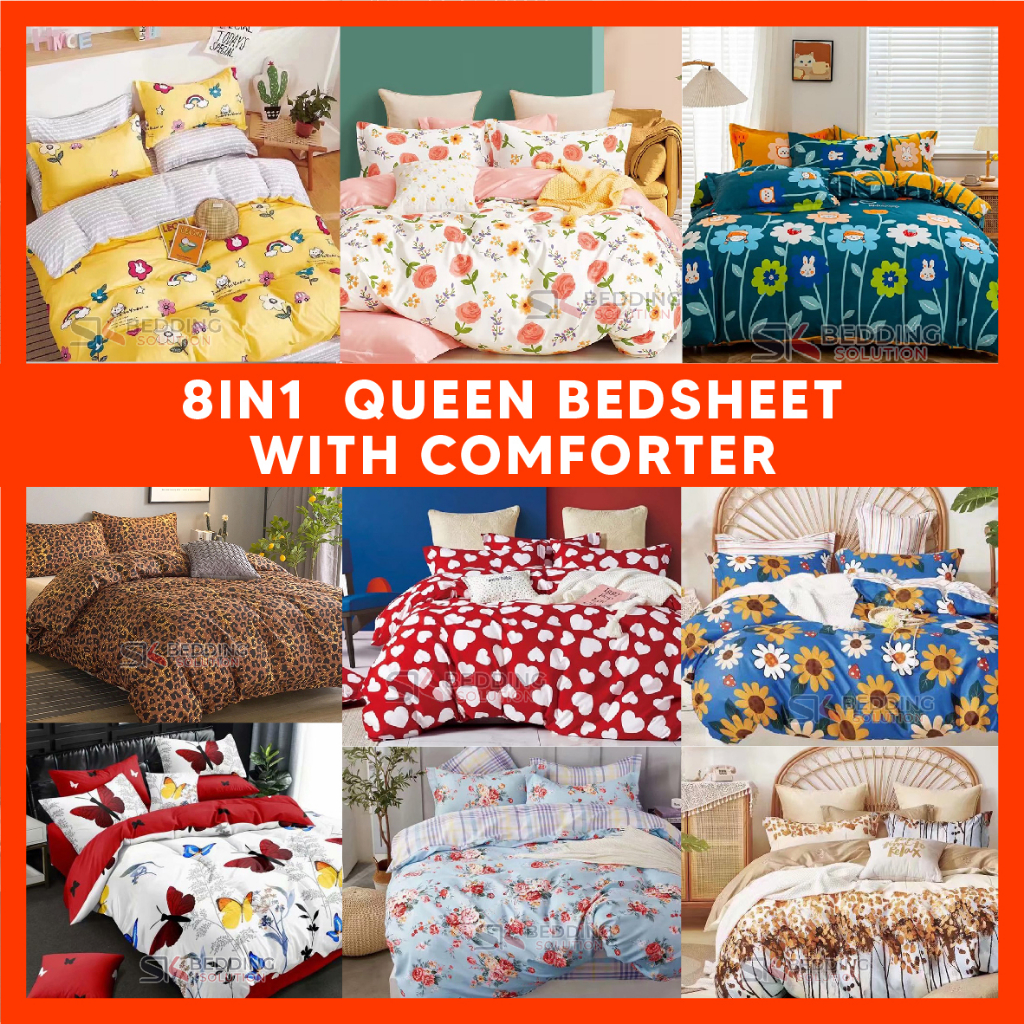 LIVE - Q601-698 ** 8 IN 1 SET CADAR QUEEN MURAH CORAK PLAIN BEDSHEET SET WITH COMFORTER QUEEN ...