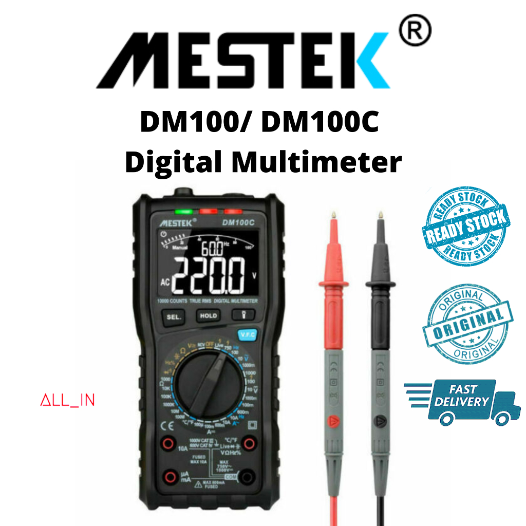 Mestek DM100 / DM100C True-RMS Digital Multimeter Button 10000 Count ...