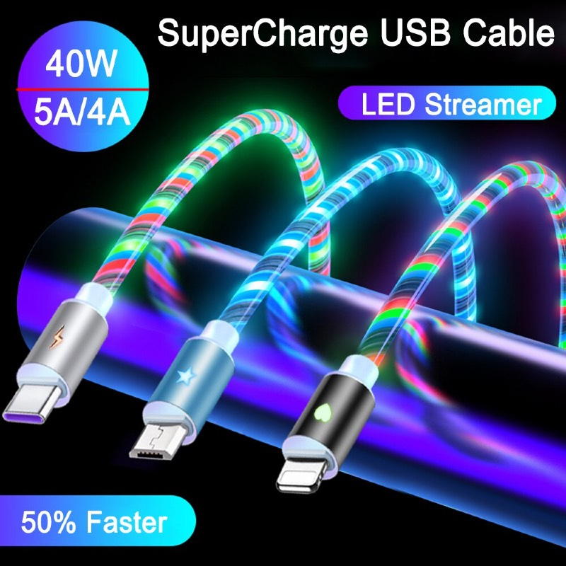 Turbo Charge Cable Type C to Type C with Colourful LED Flowing USB C ...