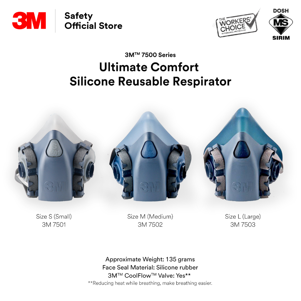 3M™ 7500 Series Premium Reusable Respirator/ 7501 (S), 7502 (M), 7503 ...