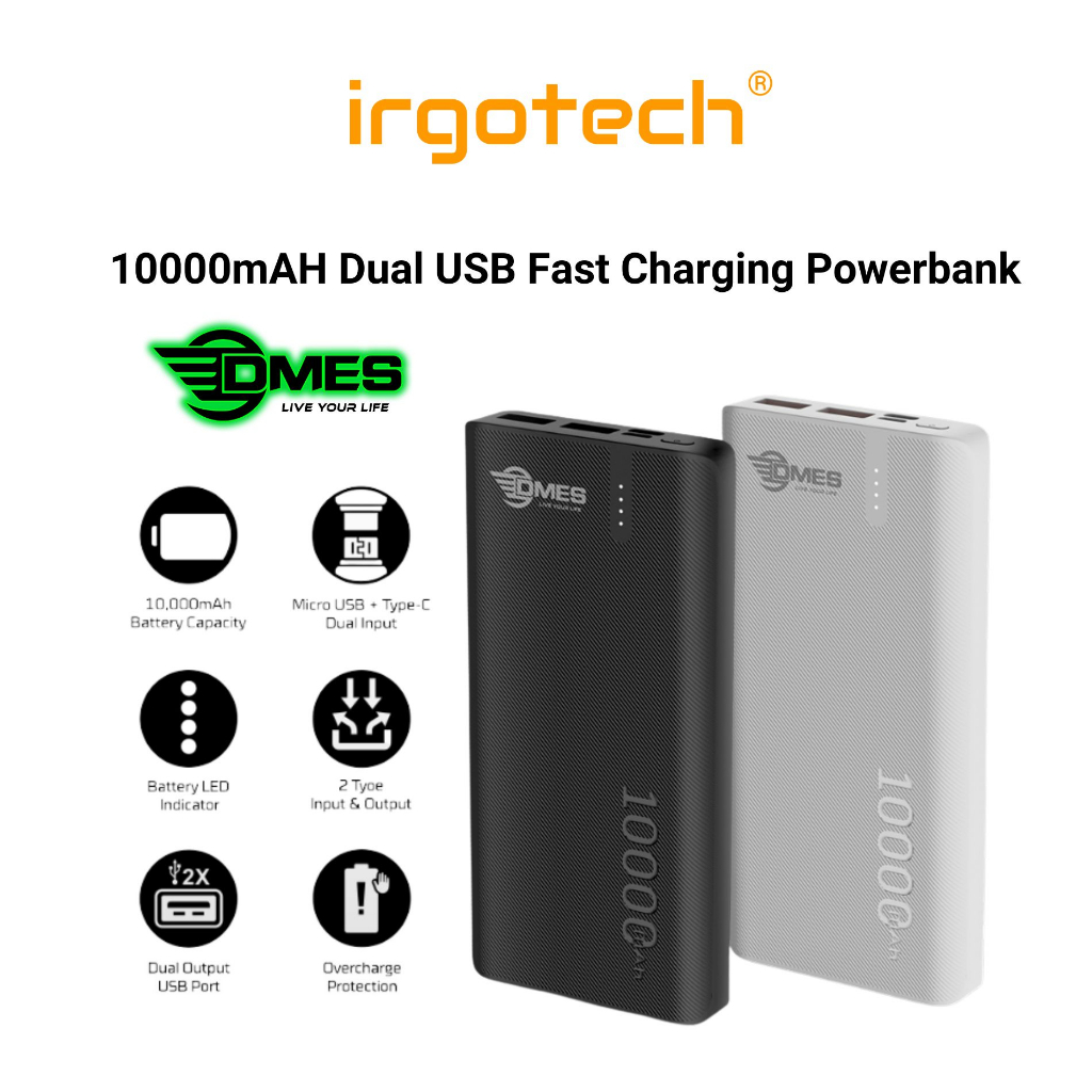 DMES DB1 2.4A 10000mAh Dual USB Output Type C and Micro USB Input Fast ...