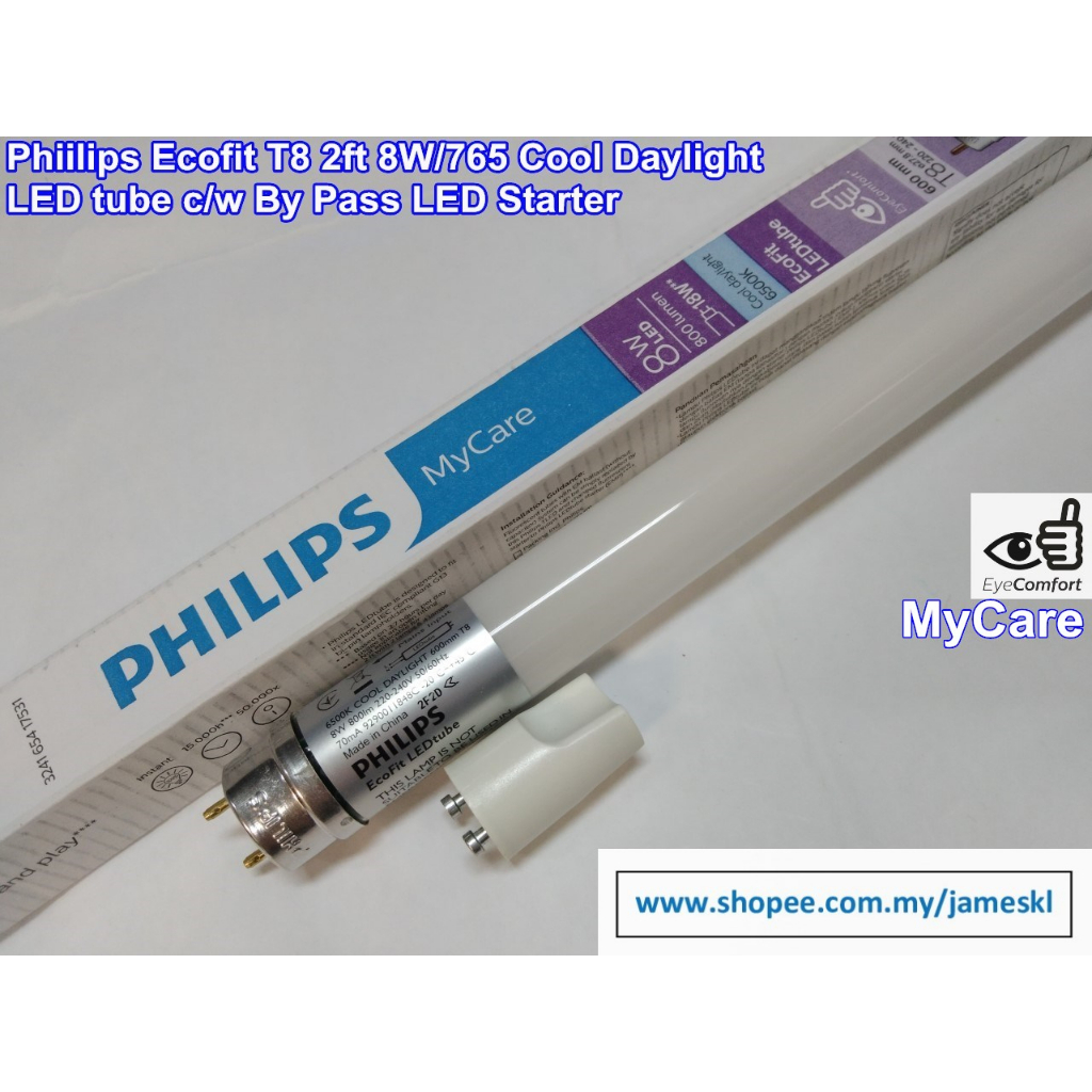 Philips Ecofit 2ft 8W/765 Warna Putih Tiub LED lengkap dengan Starter ...