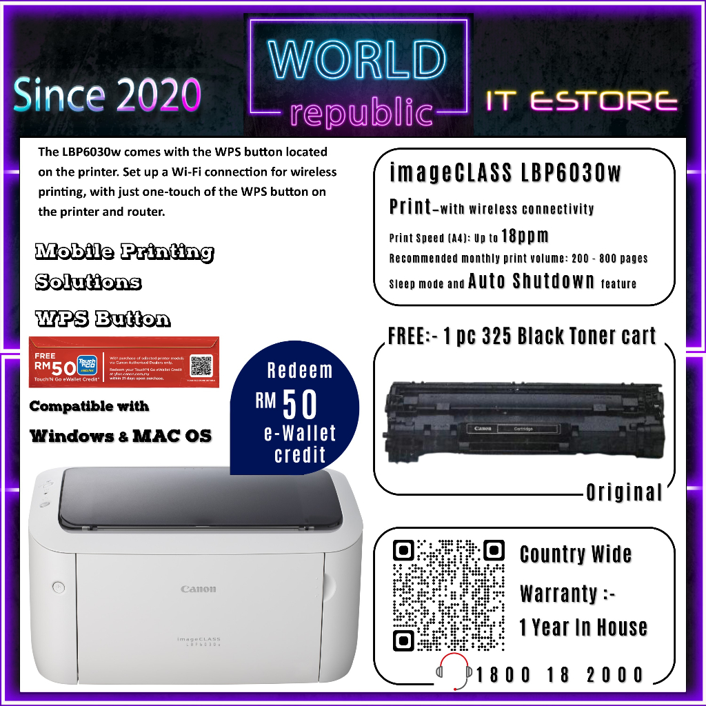 CANON Wireless Printer LaserJet imageCLASS LBP6030w Wifi Printer - Canon 325 original toner ...