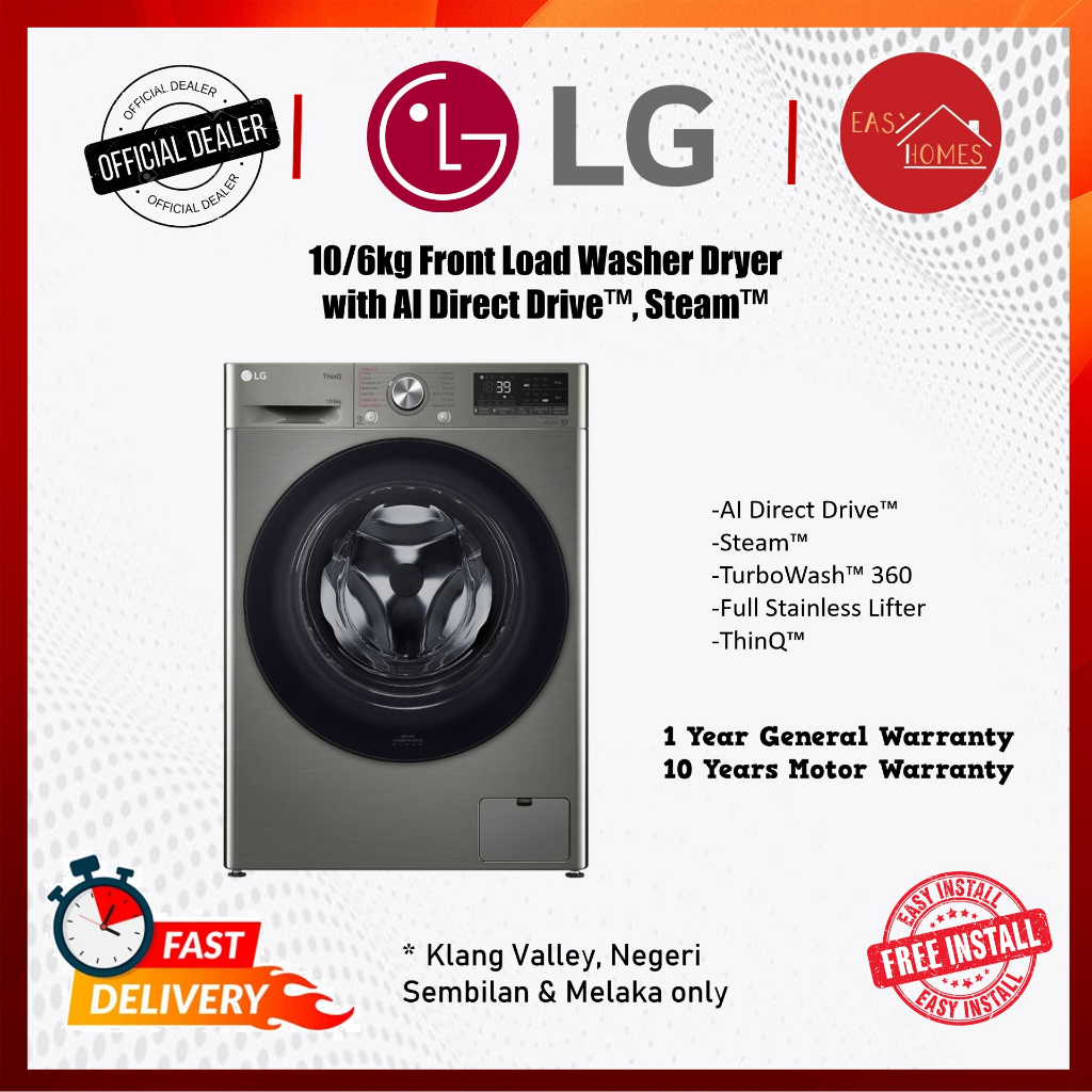 LG 10/6kg Front Load Washer Dryer FV1410H3P with AI Direct Drive™ Steam ...
