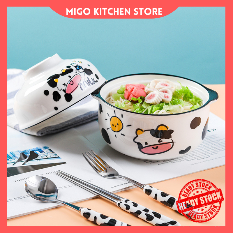MIGO.Cute Baby Cow Instant Noodle Bowl With Lid Ceramic Instant Noodle ...