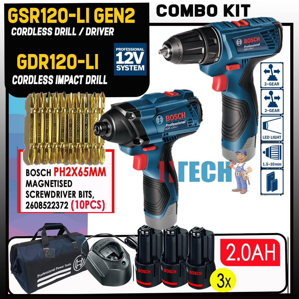 BOSCH COMBO KIT GSR120-LI CORDLESS DRILL+GDR120-LI(GEN2)IMPACT DRILL+ ...