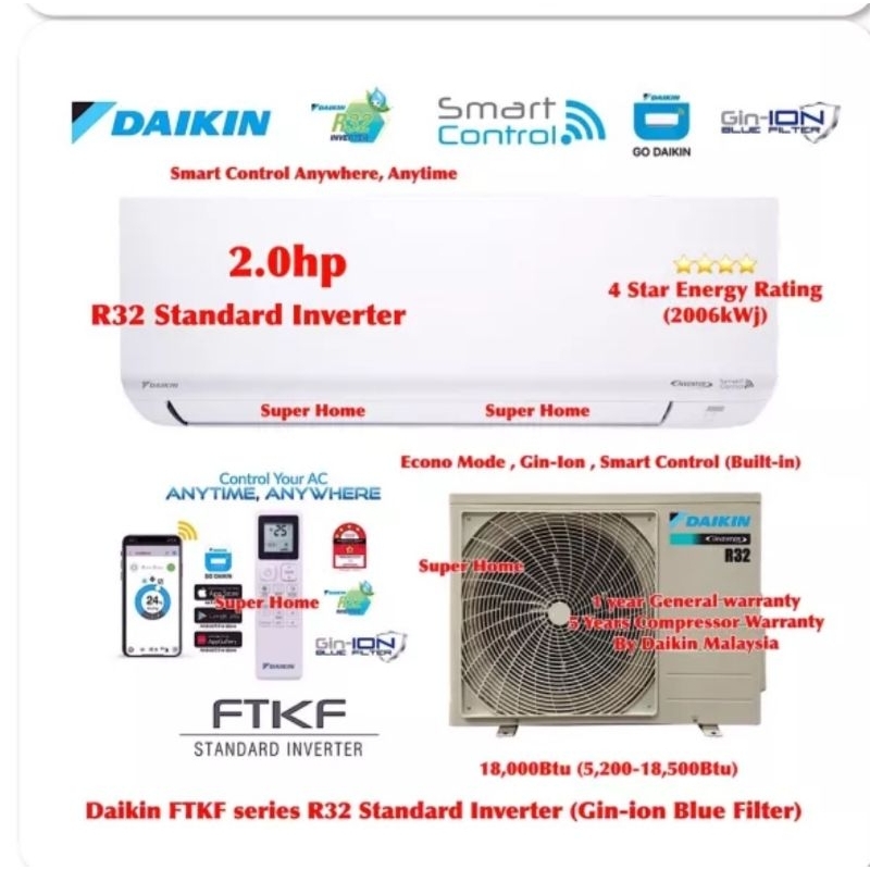 DAIKIN R32 Standard Inverter Aircond FTKF SERIES (R32) 1.0HP-2.5HP Daikin Smart Control Inverter ...