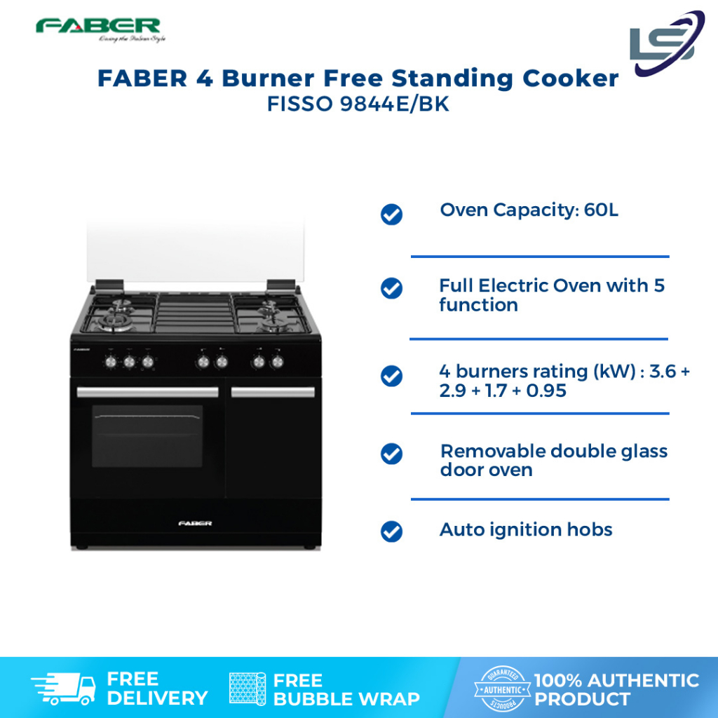 FABER 4 Burner Free Standing Cooker FISSO 9844E/BK | Oven Capacity: 60L ...