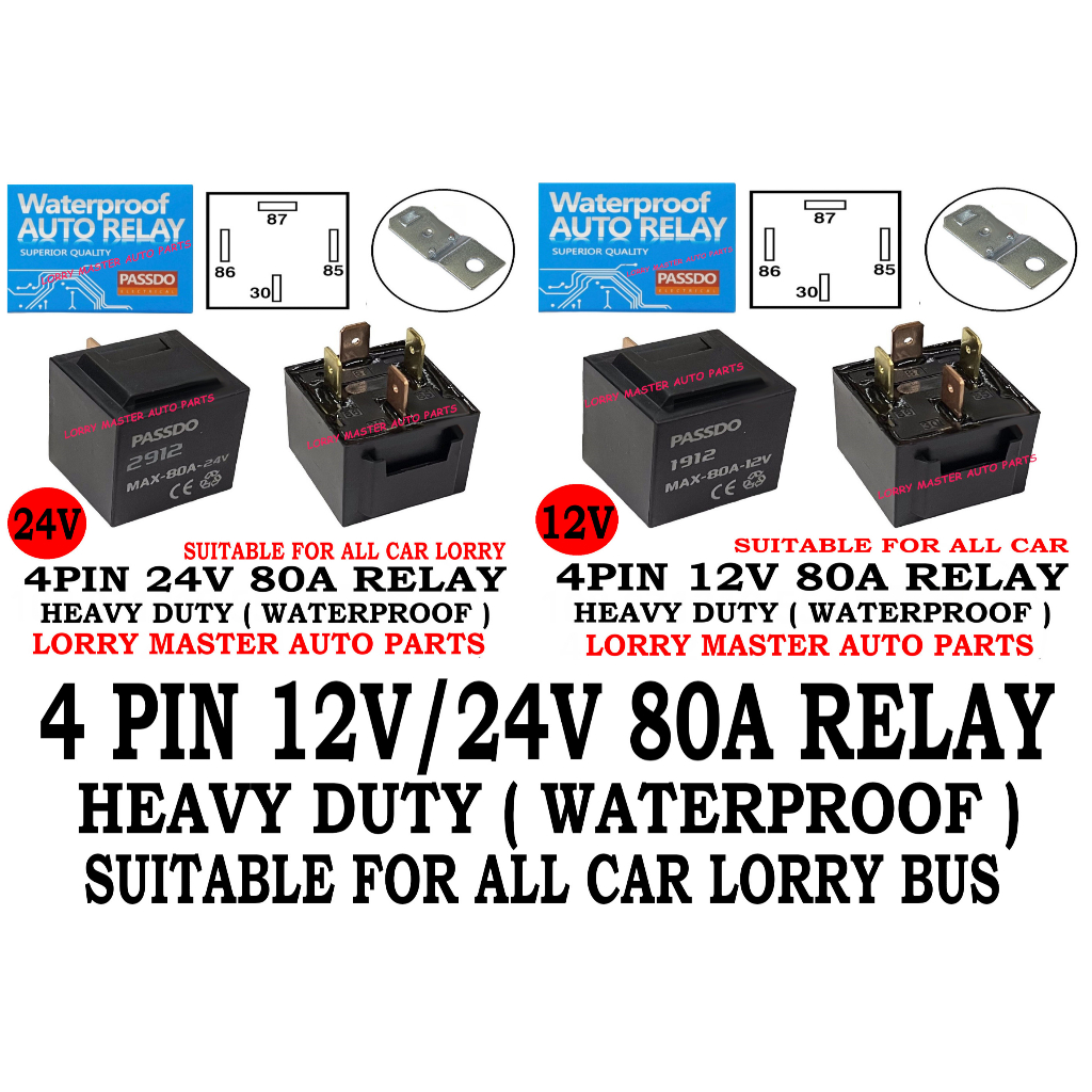 PASSDO 4PIN 12V/24V 80A HEAVY DUTY TYPE WATERPROOF RELAY POWER RELAY ...