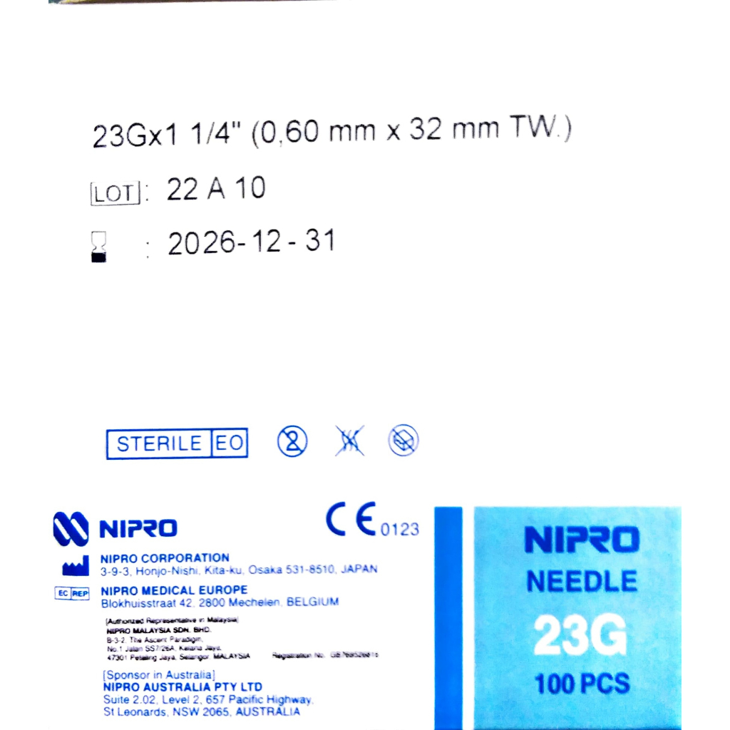 NIPRO STERILE MEDICAL NEEDLE 23G X 1 1/4 INCH (32MM) 100'S ( 9 BOXES ...