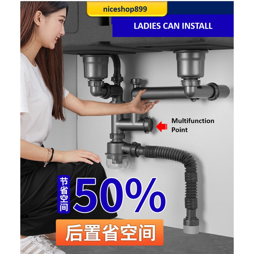 [Triple] Drainage Hose Pipe Waste Triple Sink Bowl Kitchen Transparent ...