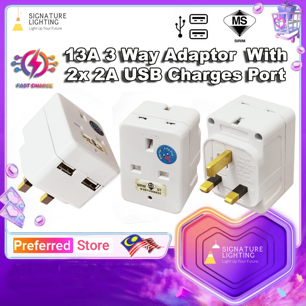 3 Way Adaptor 13A With 2A 2pcs USB Port And Neon [ SIRIM ] / 3 Way Plug ...