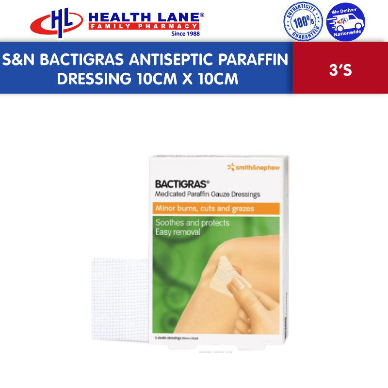 SMITH & NEPHEW BACTIGRAS ANTISEPTIC PARAFFIN DRESSING 10CM X 10CM (3'S ...