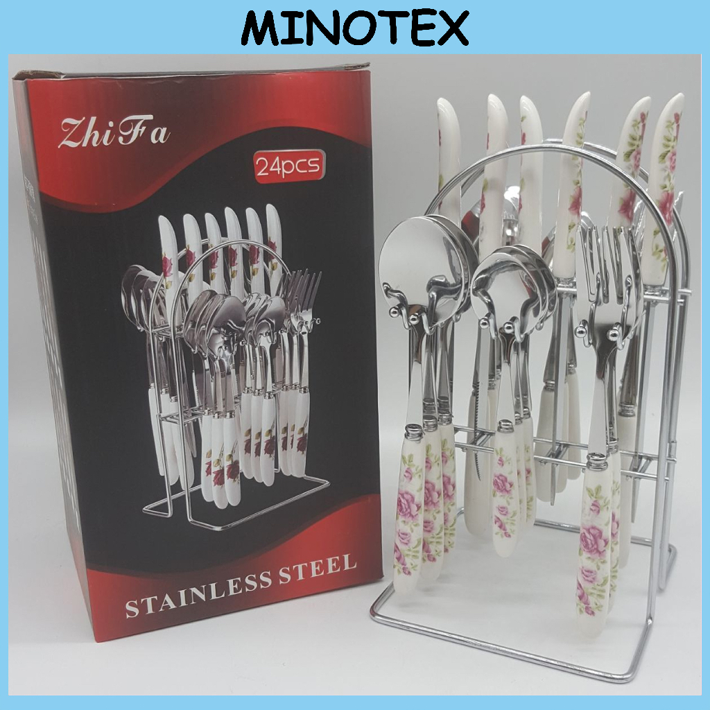 PREMIUM 24PCS Marble CUTLERY SET WITH STAND /SET SUDU GARPU PORCELAIN ...