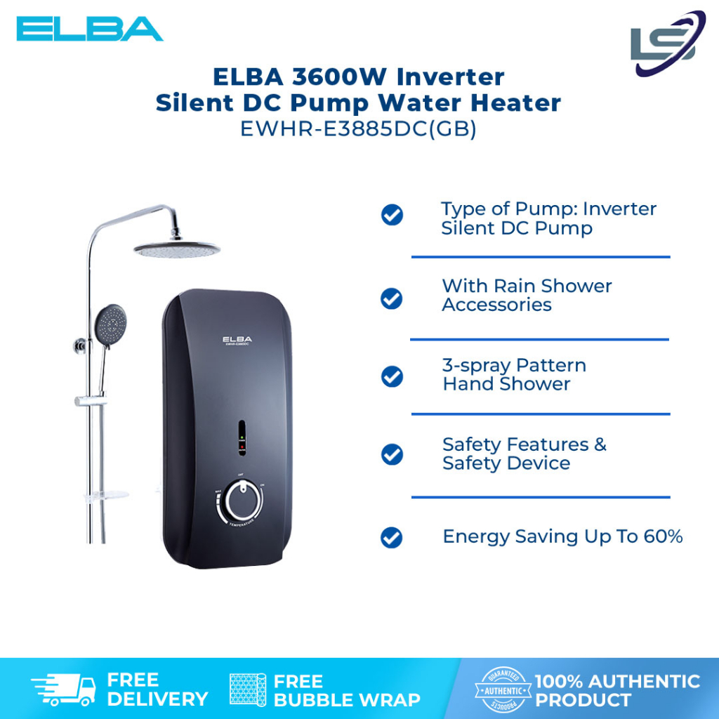 ELBA 3600W DC Pump Water Heater EWHR-E3885DC(GB) | With Rain Shower ...