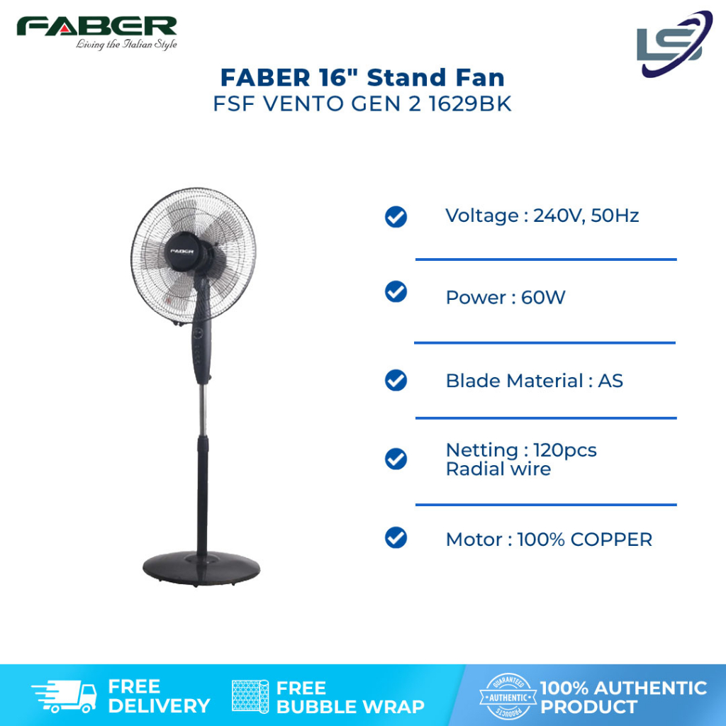 FABER 16" Stand Fan FSF VENTO GEN 2 1629BK | 3 Speed Selection | 5 ...