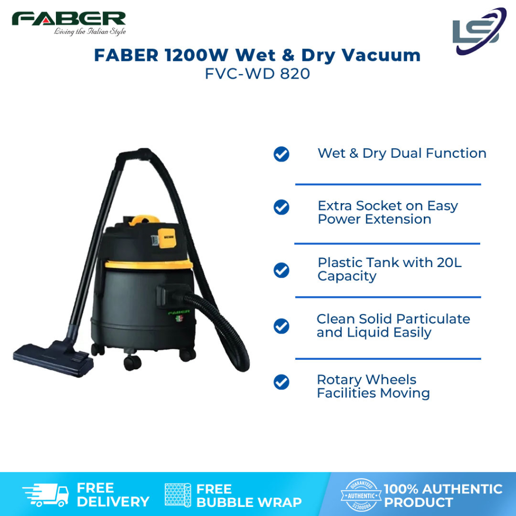 FABER 1200W Wet & Dry Vacuum FVC-WD 820 | Extra Socket on Easy Power Extension | With Air ...