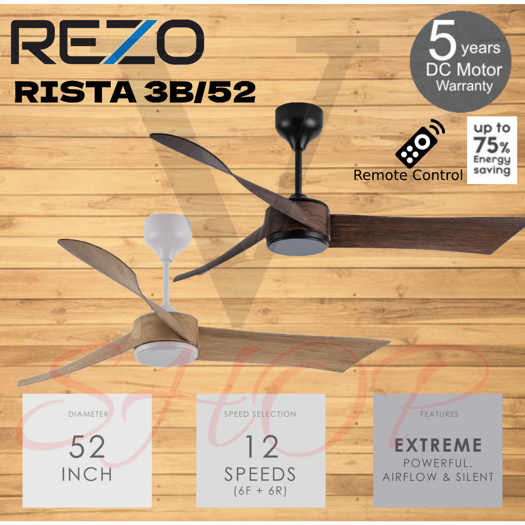 REZO 3 BLADE DC MOTOR CEILING FAN WITH REMOTE CONTROL RISTA 52/3B ...
