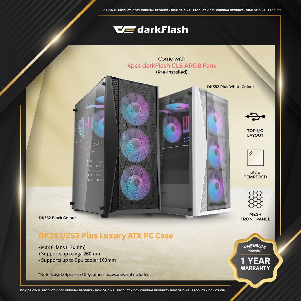 darkFlash DK352 Series Luxury ATX Casing with 4pcs CL6 aRGB Fans with ...