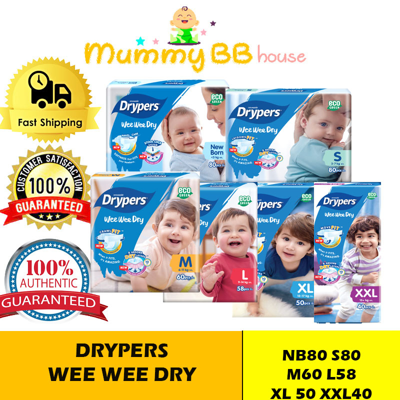 Drypers Wee Wee Dry (Diapers) Nb80 S80 M60 L58 XL50 XXL40 | Shopee Malaysia