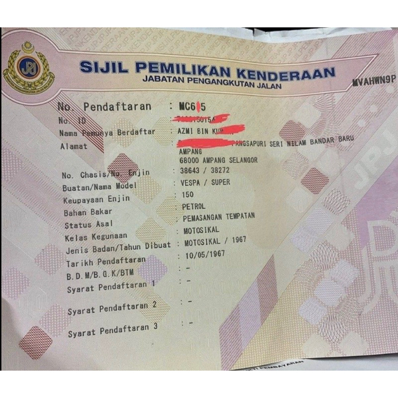 geran / gerant / sijil pemilikan kenderaan jpj vespa super untuk dijual ...