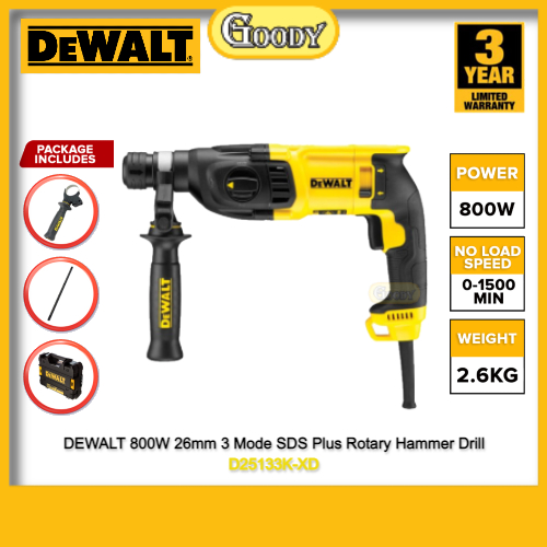 Dewalt D25133k Xd 800w 26mm 3 Mode Sds Plus Rotary Hammer Drill