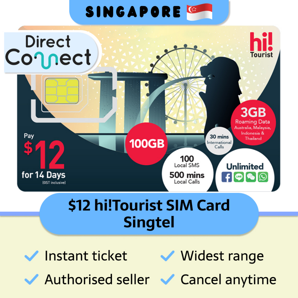 S$12 hi!Tourist SIM Card Singtel (Singapore #1 Network, 100GB Tourist SIM Card by Singtel (SG ...