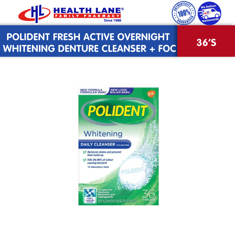 POLIDENT FRESH ACTIVE OVERNIGHT WHITENING DENTURE CLEANSER 36'S + FOC ...