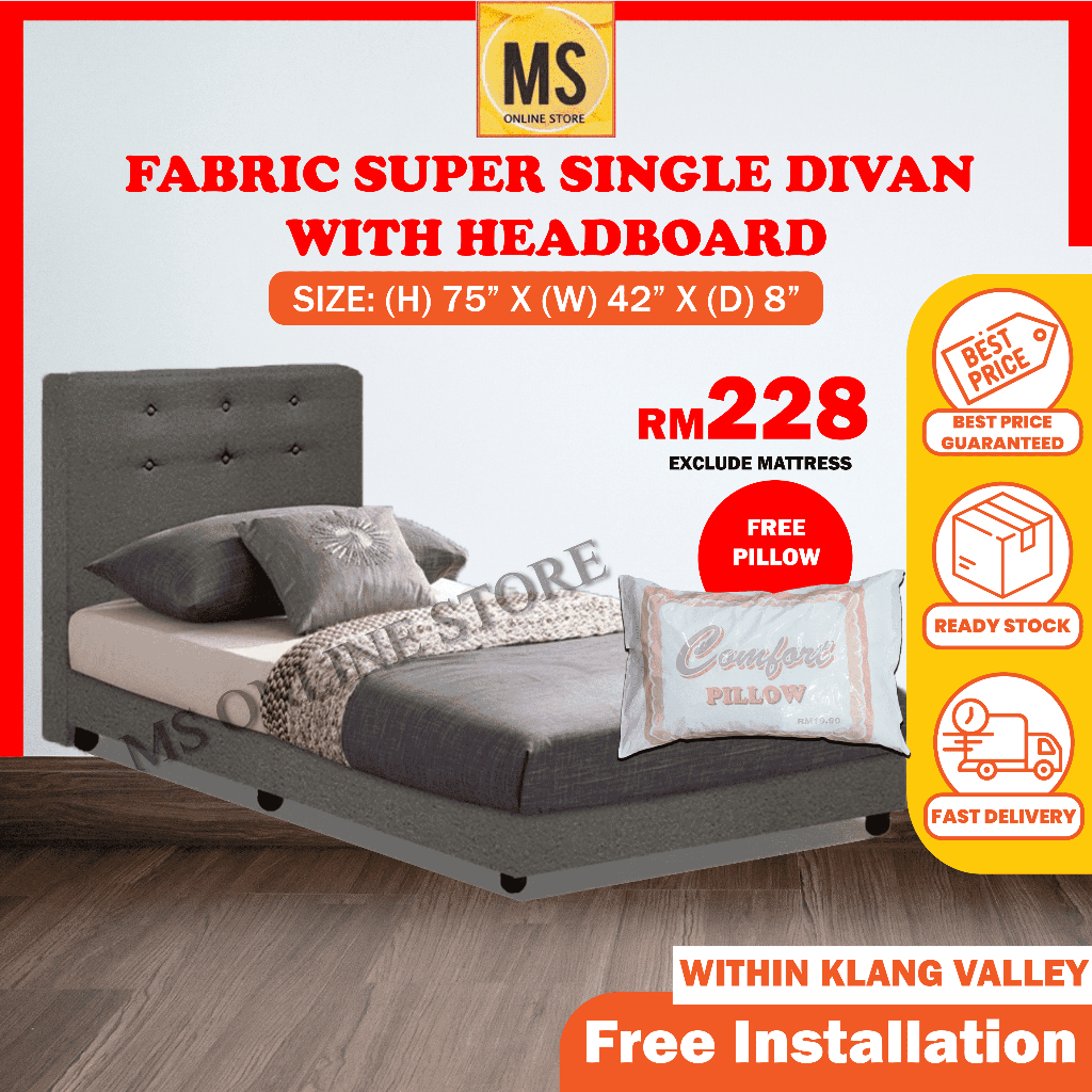 ( READY STOCK ) FABRIC SUPER SINGLE DIVAN WITH HEADBOARD** GREY COLOUR ...
