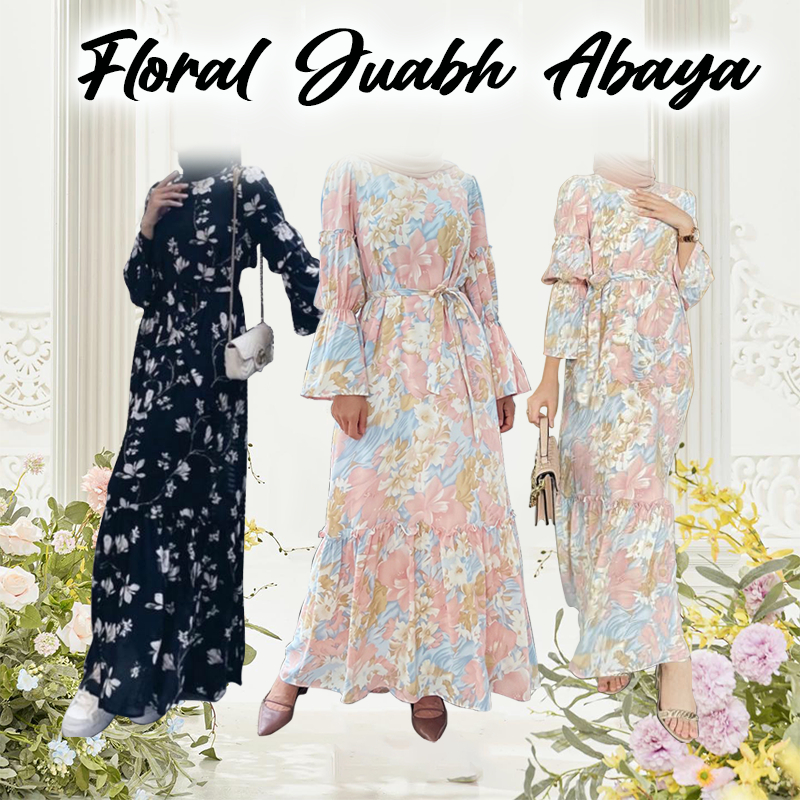 Muslimah Moden Floral Ruffle Poet Sleeve Abaya Dress Jubah Abaya ...