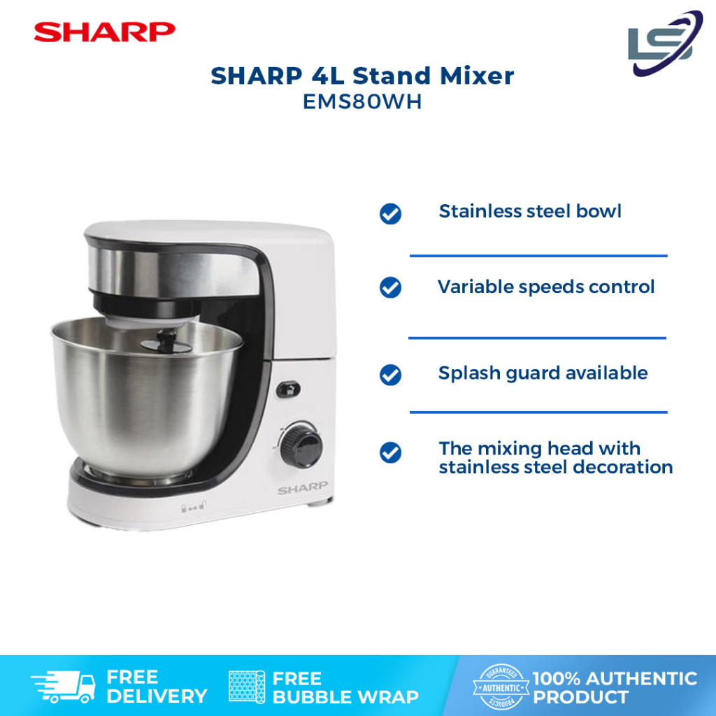SHARP 4L Stand Mixer EMS80WH | Stainless Steel Bowl | Variable Speeds ...