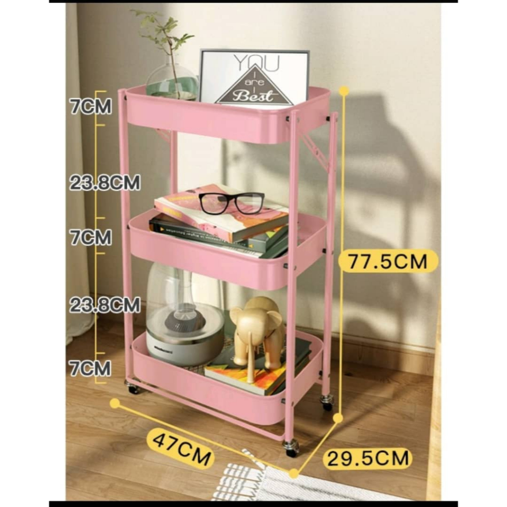 3 Tier FOLDABLE Multi-functional Metal Trolley Storage Rack with Handle ...