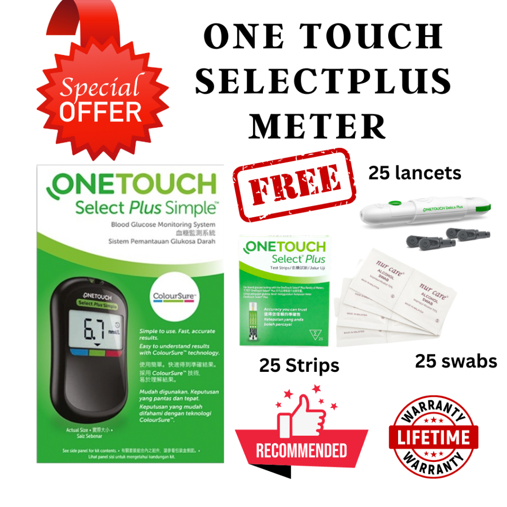 One Touch Select Plus Blood Glucose Meter Set + Strips 25s + Lancets ...
