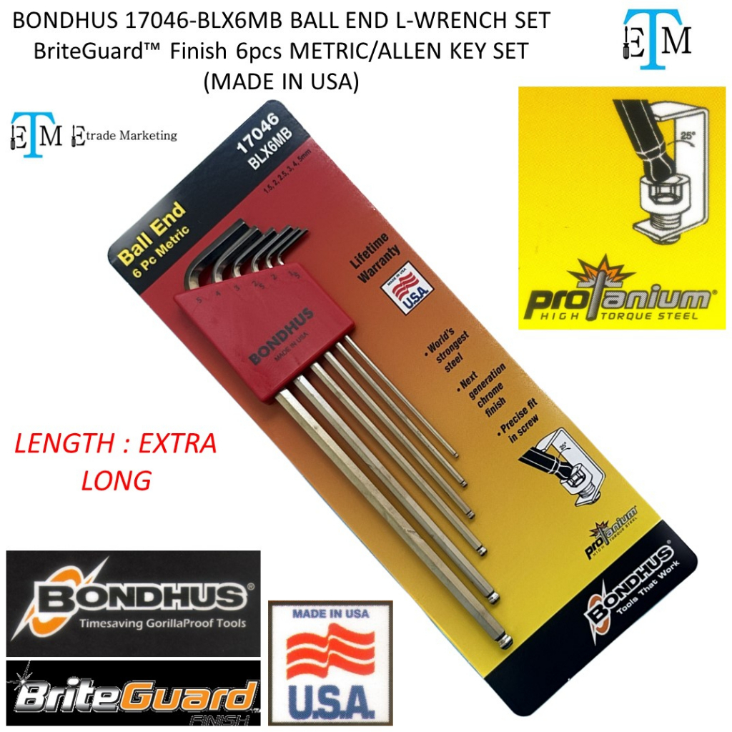 BONDHUS 17046-BLX6MB BALL END L-WRENCH SET BriteGuard™ Finish 6pcs ...