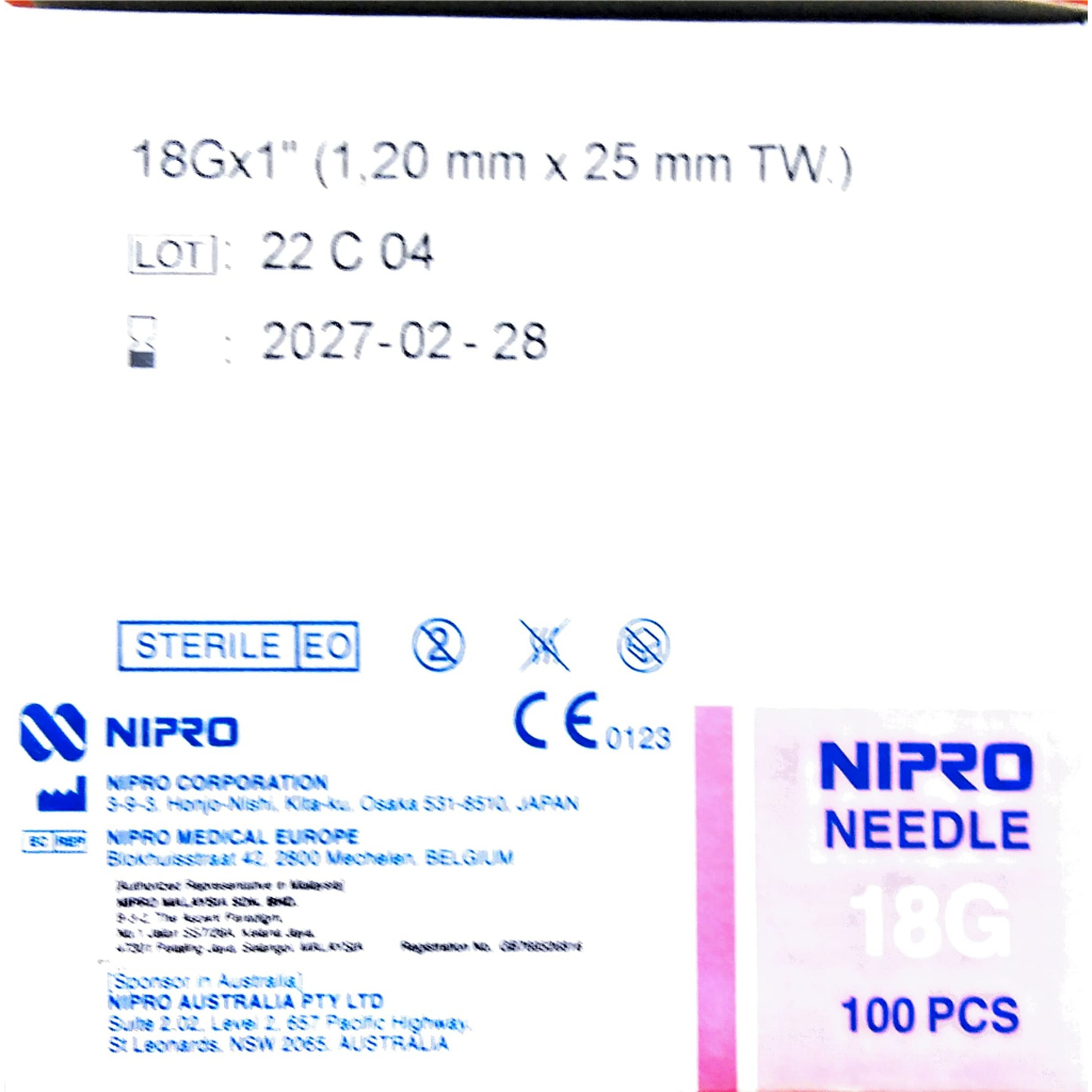 NIPRO NEEDLE 18G X 1 INCH (25mm) - 100PCS/BOX - 5 BOXES/PACK EXPIRY YR ...
