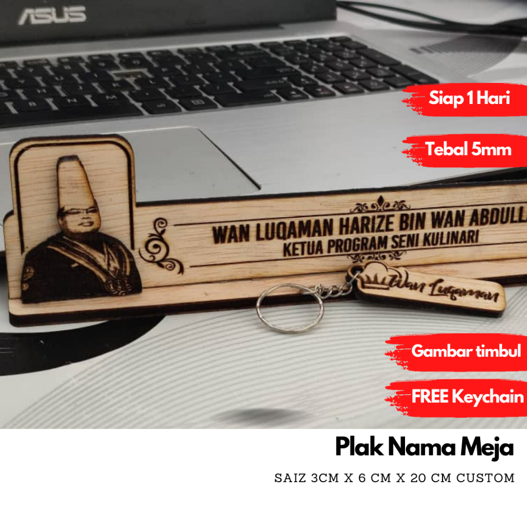 [1 HARI] Plak Nama Meja Ukir Kayu - 3D Wood Engrave Plaque Name Tag ...